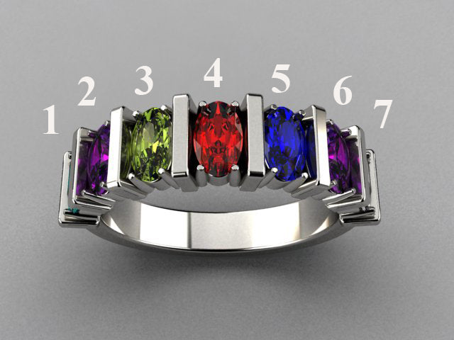 Seven Stone Oval Mothers Ring with Bars 14 KT. Yellow Gold